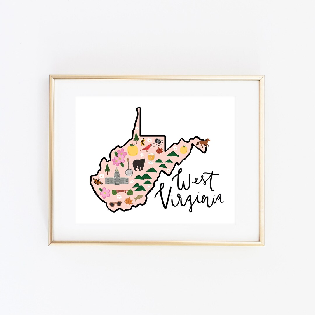 Illustrated West Virginia Art Print, Cute West Virginia Map Print ...