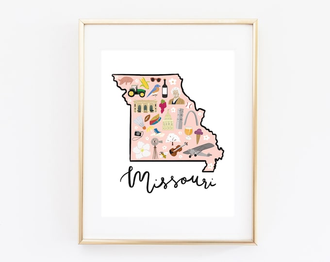 Illustrated Missouri Art Print, Cute Missouri Map Print, Modern ...