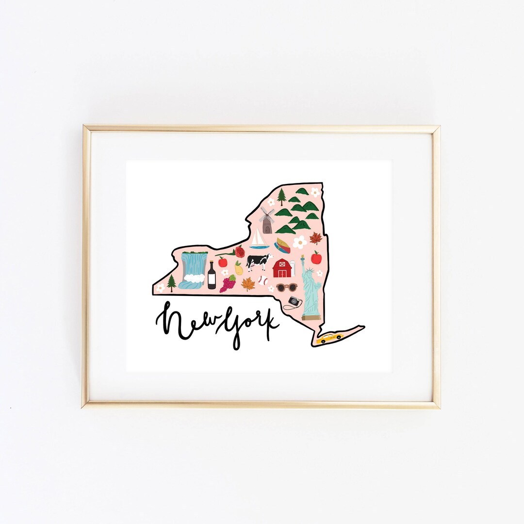 Illustrated New York State Art Print, Cute New York Map Print, Modern ...