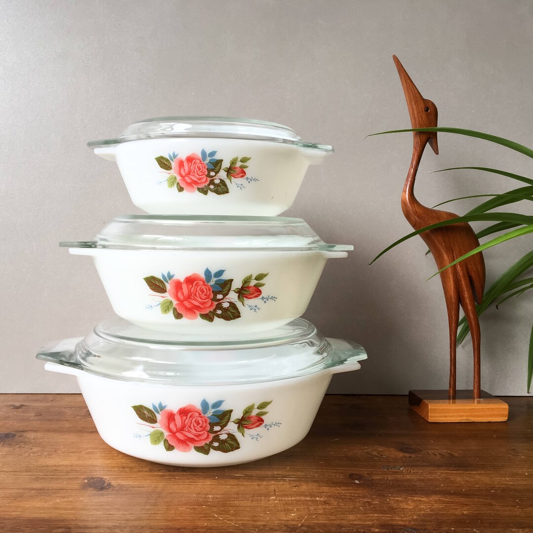 JAJ Pyrex Cottage Rose Casserole Set, Vintage Pink Rose Bowls, Pyrex ...