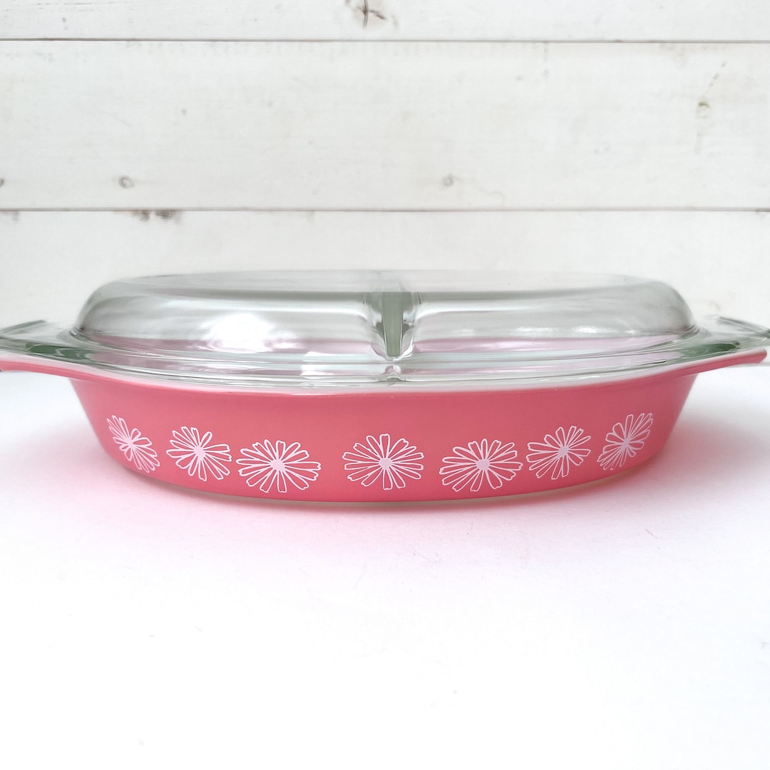 Pyrex Pink Daisy Divided Casserole, Vintage Oblong Divided Pyrex Dish ...