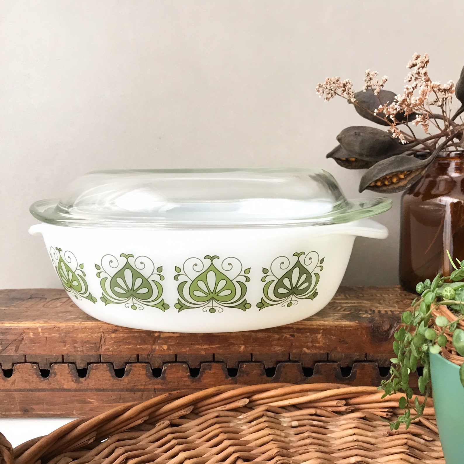 Vintage Jena Glass Lidded Casserole Oven Dish Green Floral | Etsy