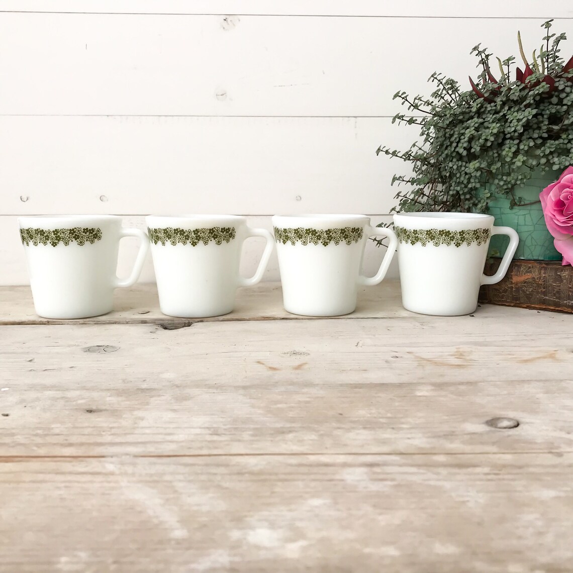 Vintage 4 Pyrex Crazy Daisy /spring Blossom Mugs, Green Floral, 60's ...