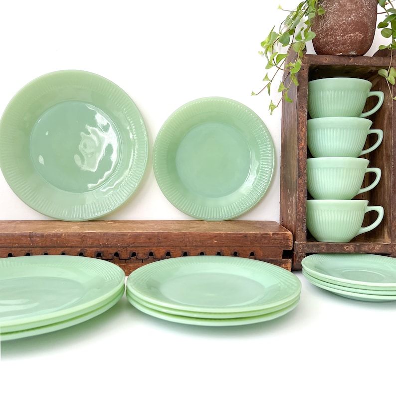 Vintage Fire King Jadeite Starter Set, Jane Ray Dinnerware, Dinner ...