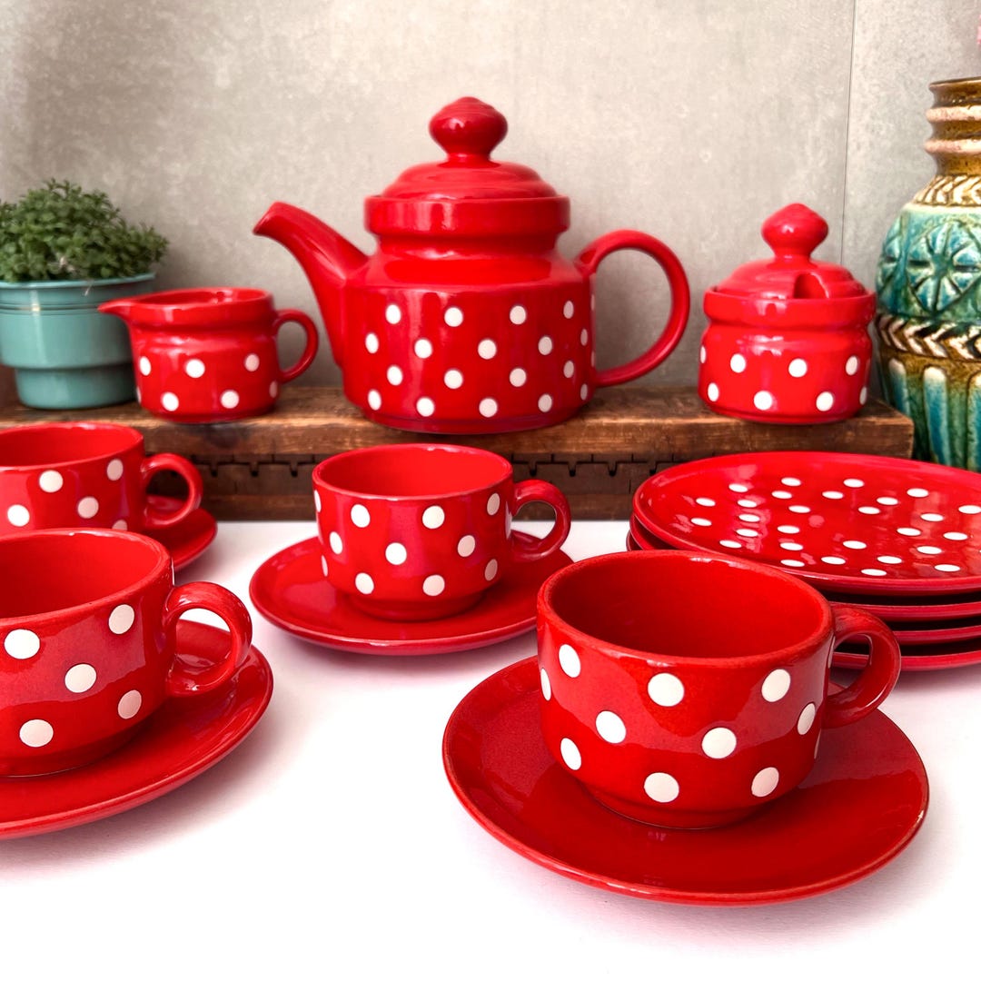 Vintage Red Polka Dots Tea Set, Waechtersbach West Germany, 17 Pieces ...
