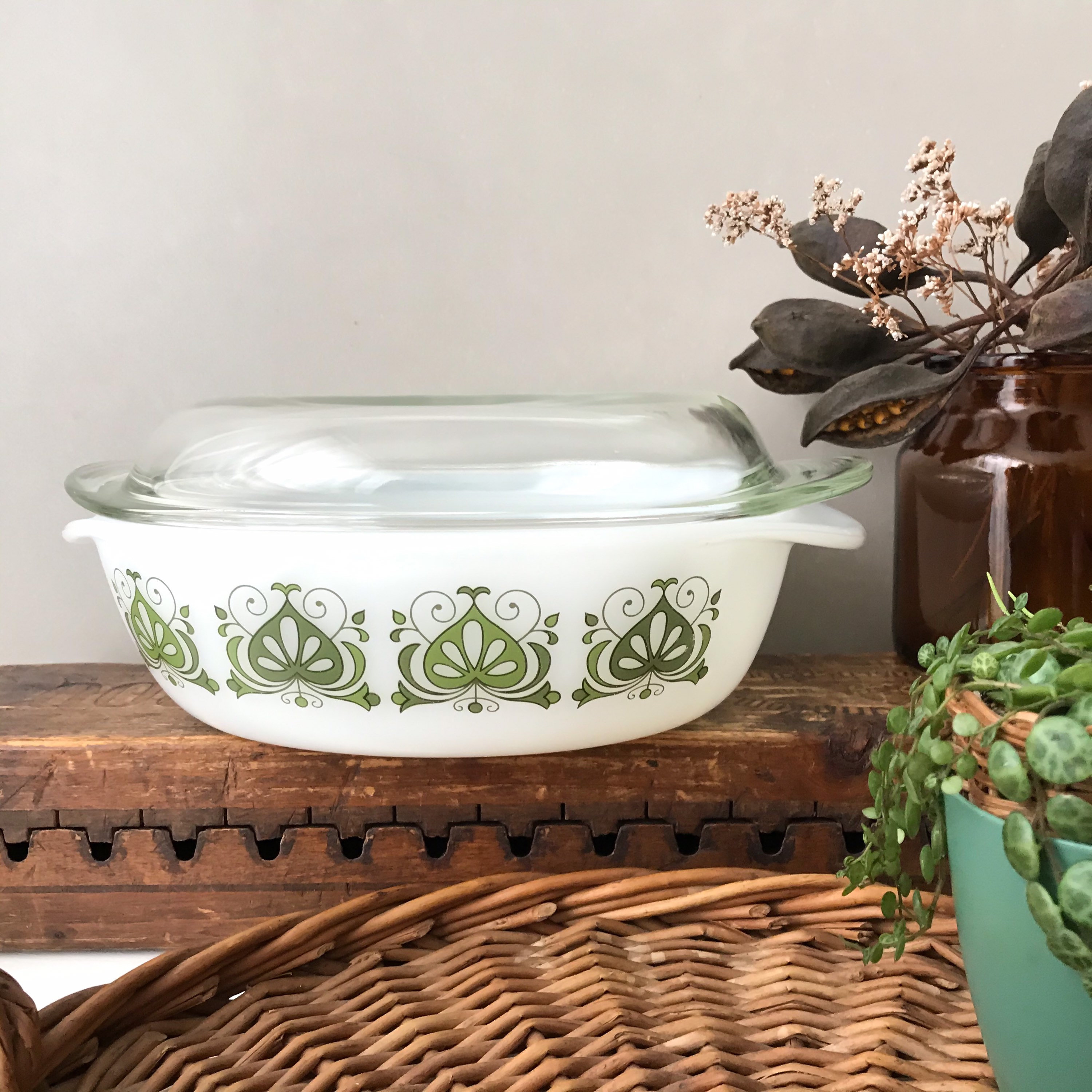 Vintage Jena Glass Lidded Casserole Oven Dish Green Floral - Etsy