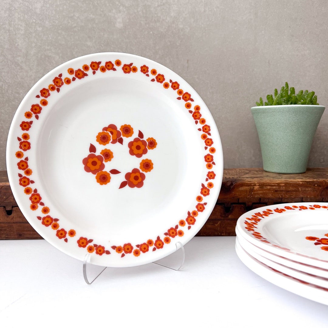 Arcopal Lotus Salad Plates, Retro Orange, Red Floral, 70's French Pyrex ...