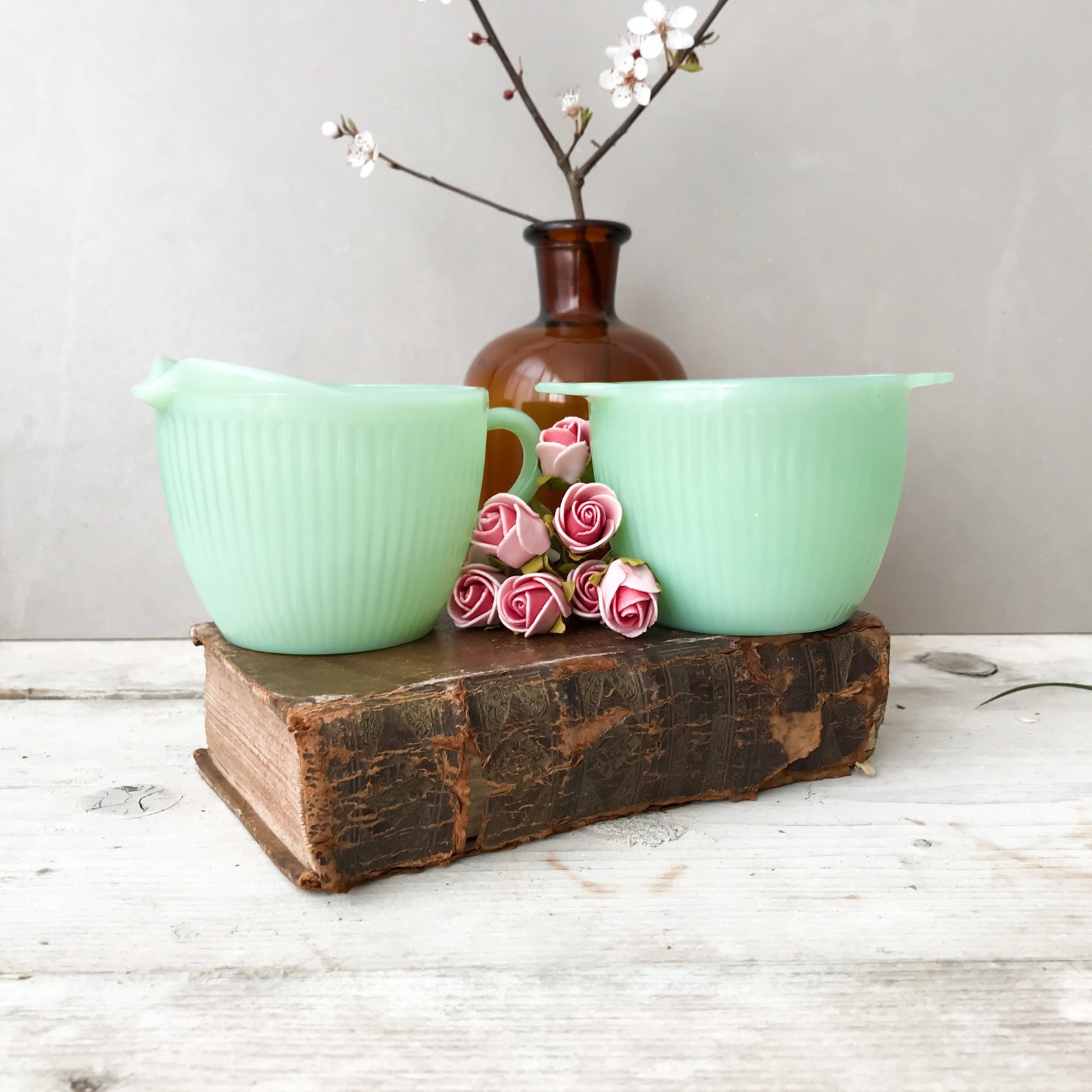 Fire King Jadeite Sugar Bowl, Creamer / Milk Jug, Jane Ray Jadeite ...