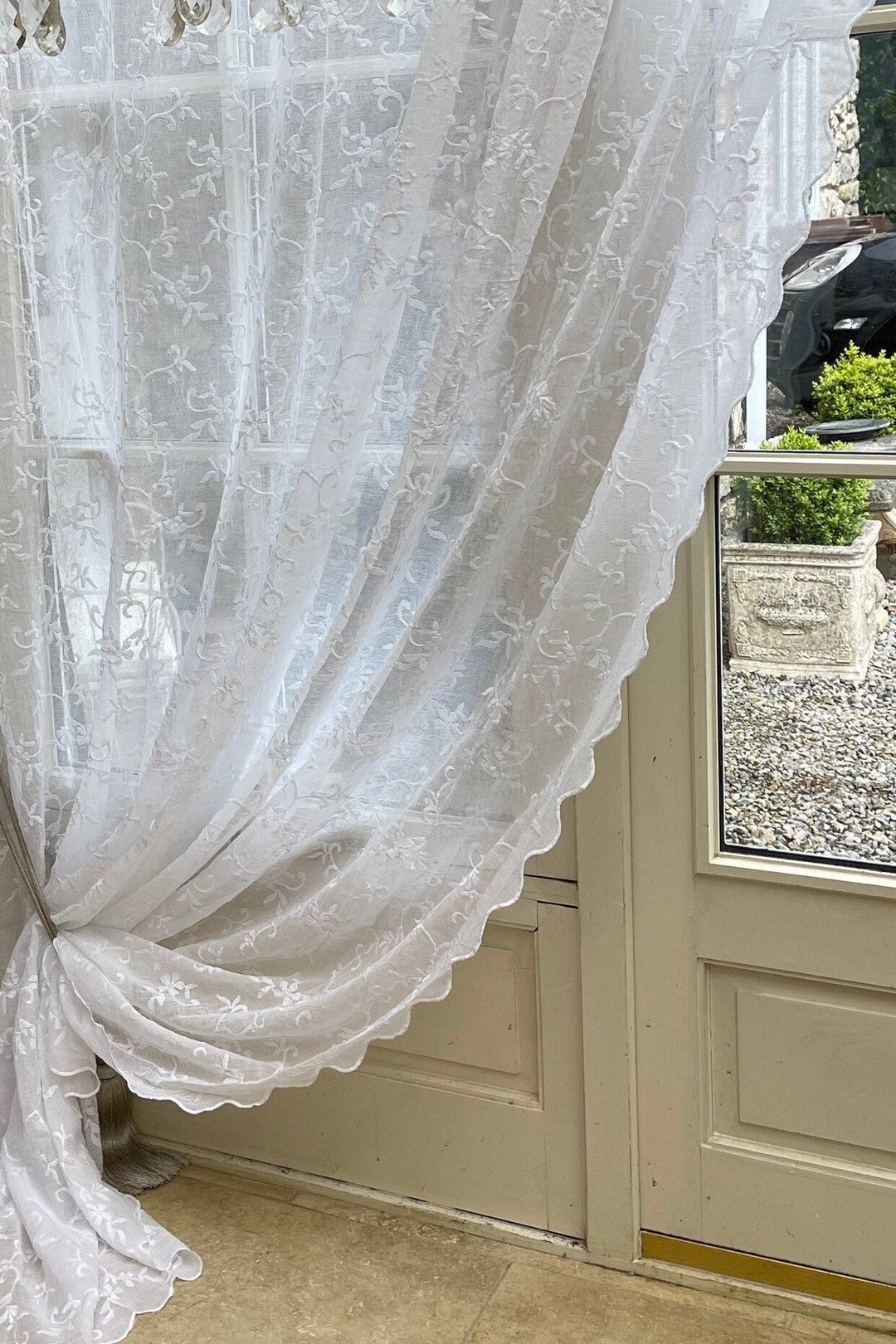 Beautiful Net Curtain Panel, Cream Voile, Embroidered Scalloped Edges ...