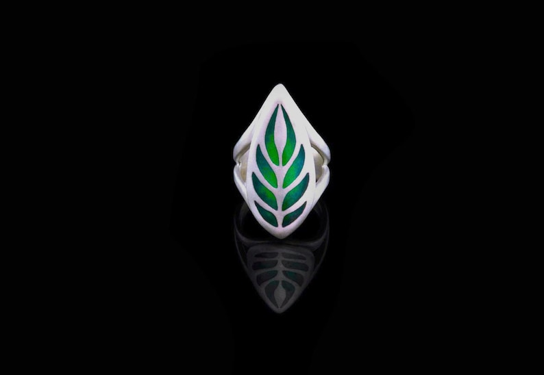Leaf Ring Sterling Silver With Green Fire Enamel - Etsy