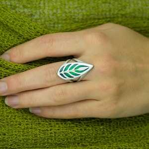 Leaf Ring Sterling Silver With Green Fire Enamel - Etsy