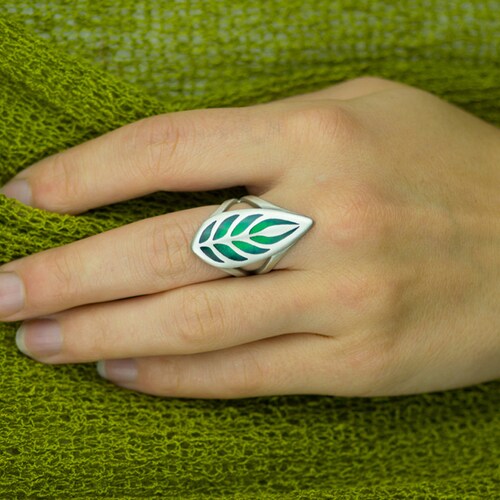 Leaf Ring Sterling Silver With Green Fire Enamel - Etsy