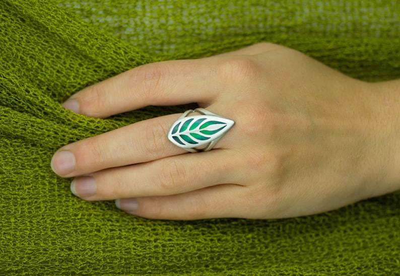 Leaf Ring Sterling Silver With Green Fire Enamel - Etsy