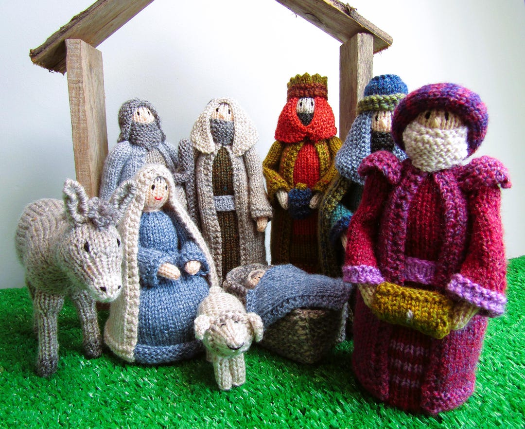 Hand Knitted Nativity Set Including Donkey, Christmas Scene. Tweed ...