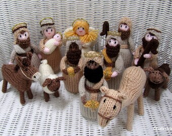 Hand knitted nativity set. Shepherd with two sheep. Christmas
