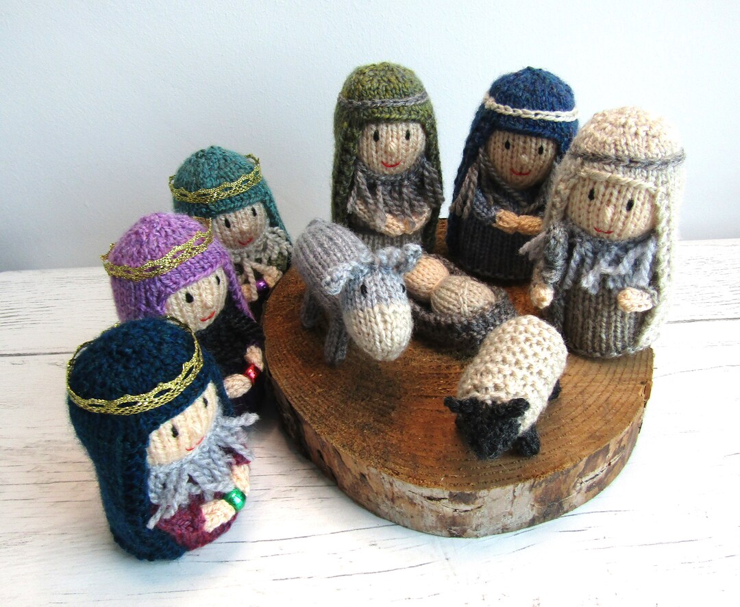 Nine Piece Hand Knitted Nativity Set in Jewel Colours Christmas Scene ...