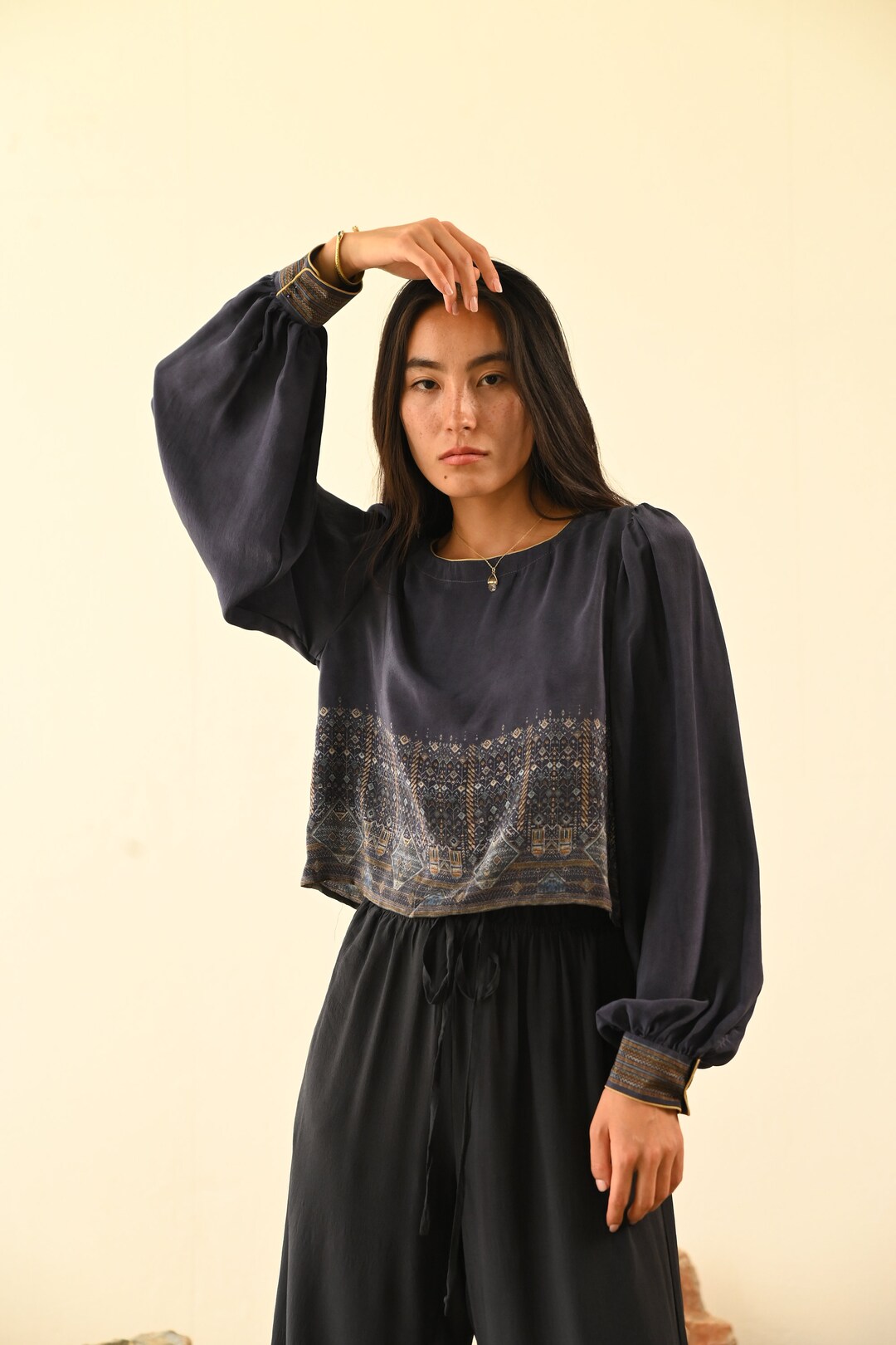 IRIS TOP- Dusk - Crepe Silk Blouse, Cropped Long Sleeve Top, Casual ...