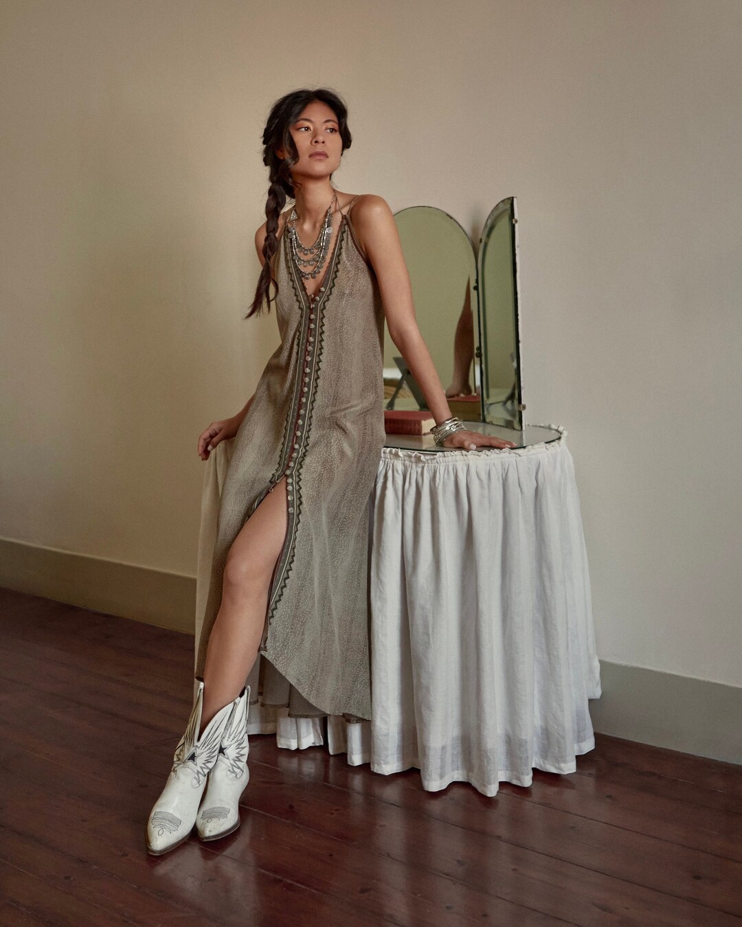 ASHA DRESS -bambi⋄ Dappled Grey Backless Silk Maxi Dress⋄ Boho Drop ...