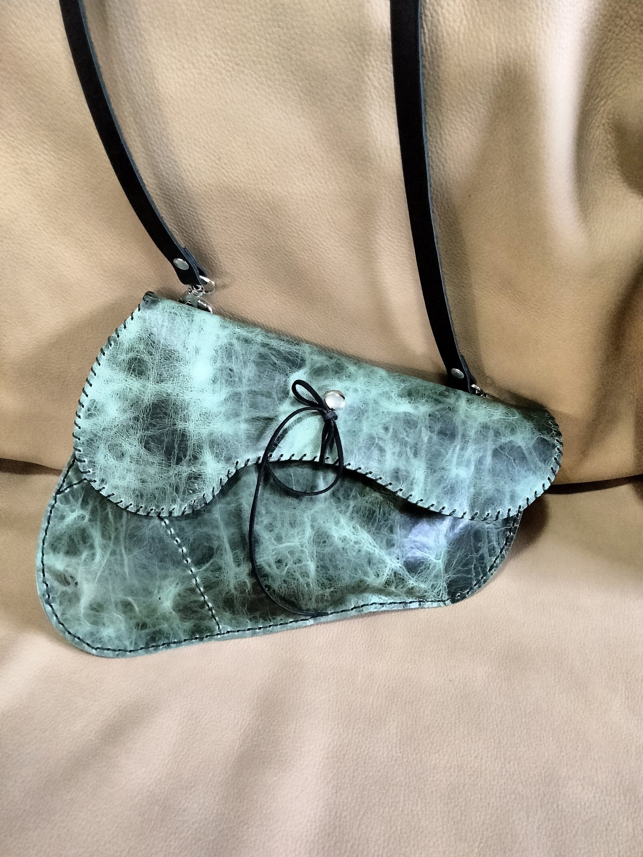 Green Crossbody/shoulder Leather Kidney Shaped Bag. Hand Crafted, Hand ...
