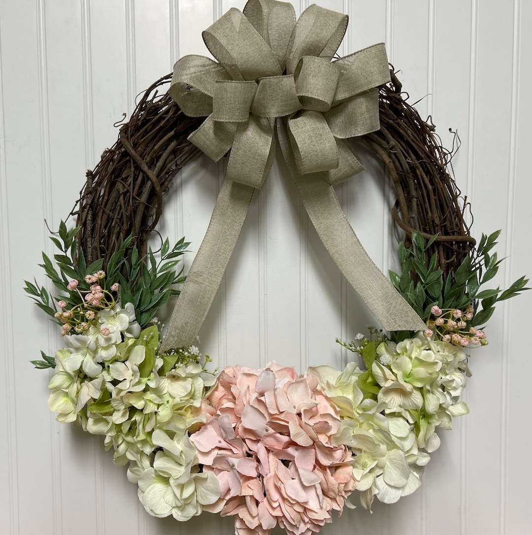 Pink and White Hydrangea Wreath for Front Door, Spring Floral Wreath ...