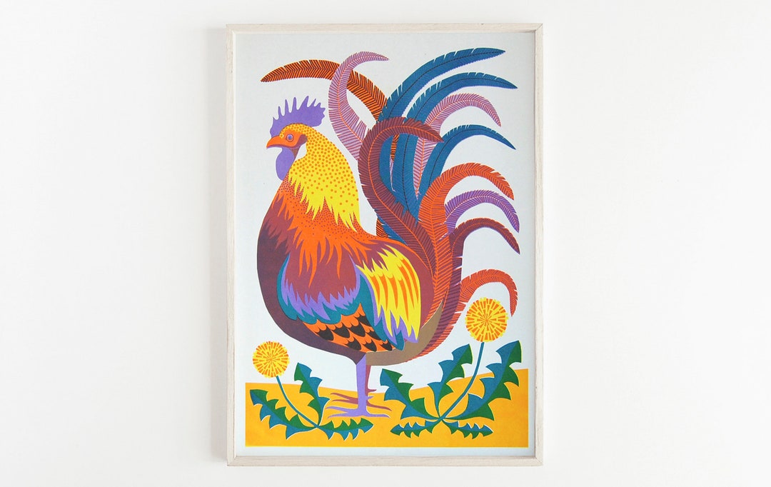 Rooster Print Risograph American Folk Art - Etsy