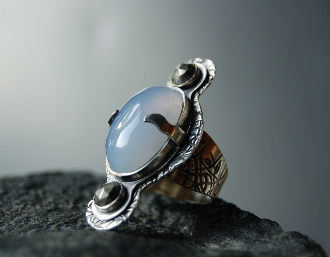 Chalcedony Pyrite Ring in Sterling Silver. Art Nouveau Floral Ring ...
