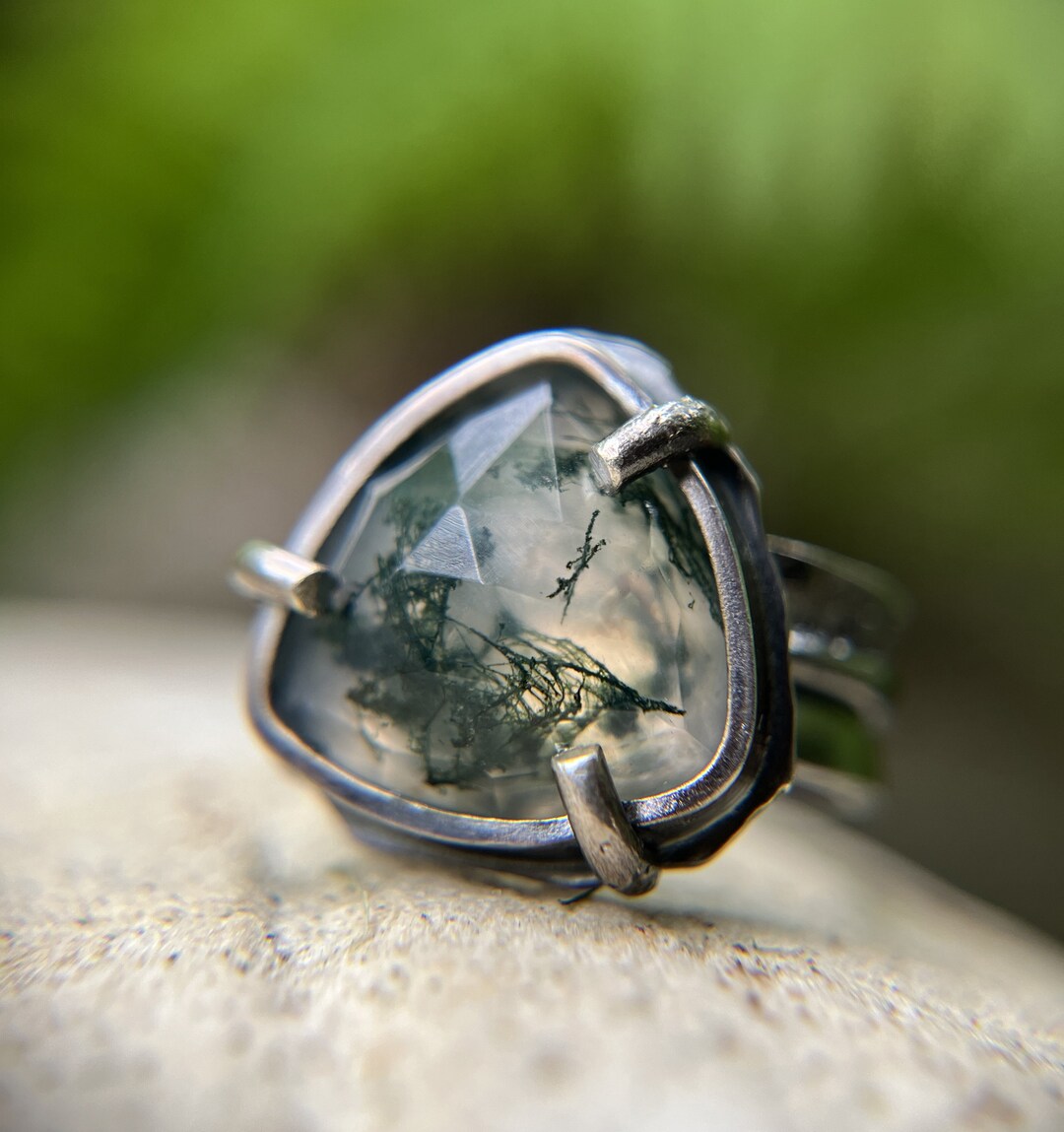 Black Oxidized Ring in Sterling Silver. Triangle Moss Agate Ring in Boho Style. Textured ...
