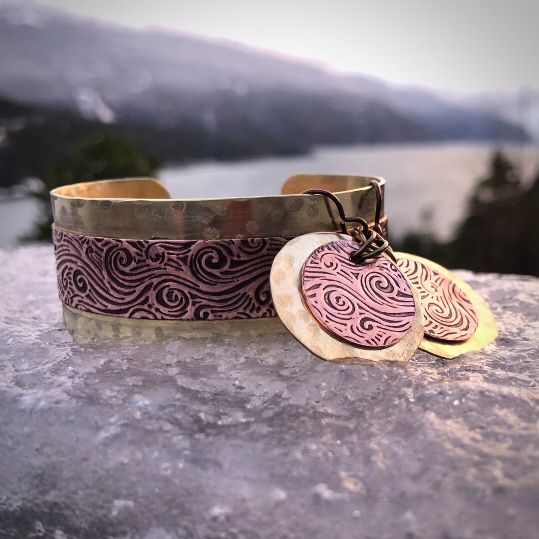 Brass and Copper Nature Inspired Water Swirl Jewelry Set. Cuff and ...