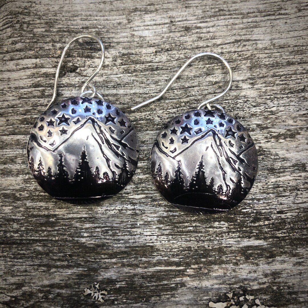 Wilderness Sterling Silver Mountain Scene Disk Earrings Nature Lover ...