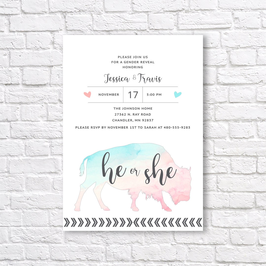 BABY GENDER REVEAL, Buffalo Gender Reveal Invitation, Bison Watercolor ...