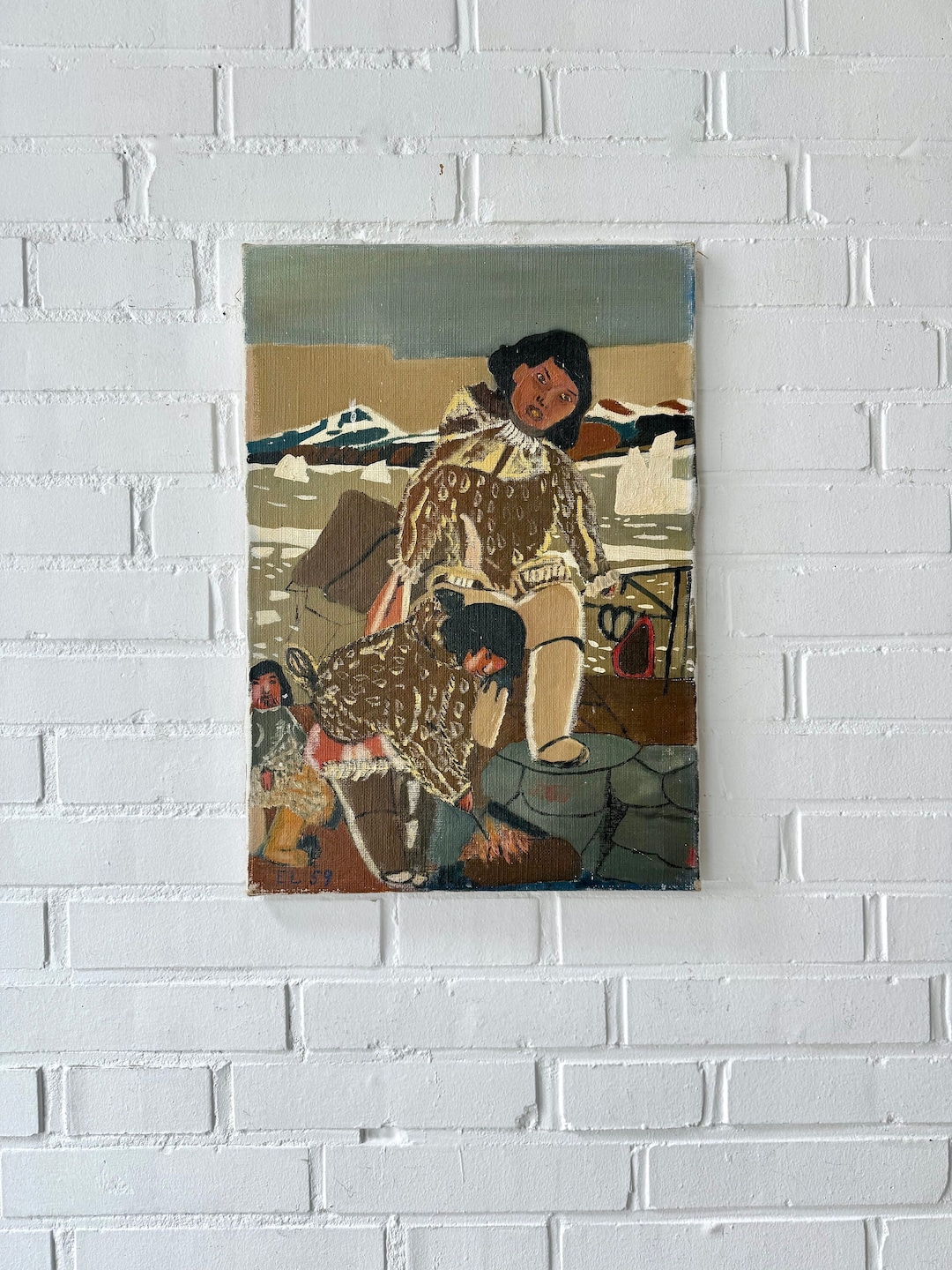 Vintage Oil Painting Inuit in Greenland, Mid Century Painting ...