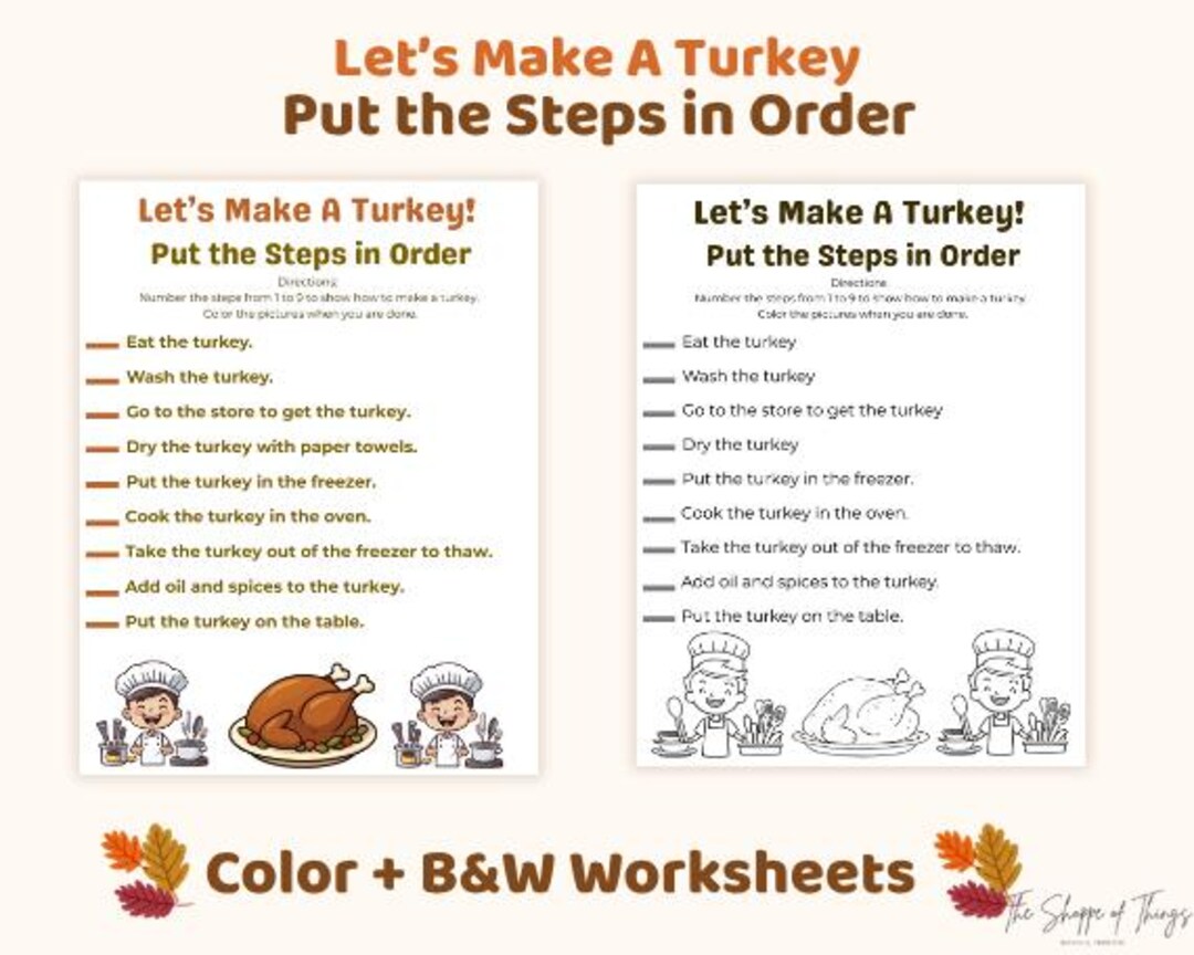 Thanksgiving Worksheet for Kids | Turkey Sequencing Activity | Steps in ...