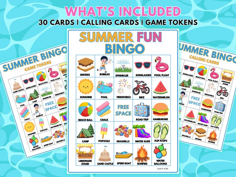 Summer Bingo Printable Game, 30 Kids Cards, Classroom Activity (PDF) - Etsy