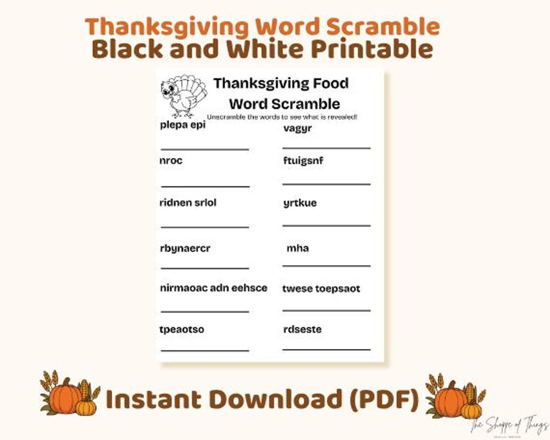 Thanksgiving Word Scramble – Kids Classroom Activity (PDF) - Etsy
