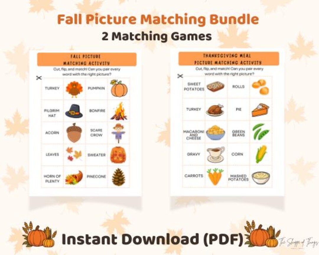 Fall Thanksgiving Picture Matching Game | Kids Activity (PDF) - Etsy