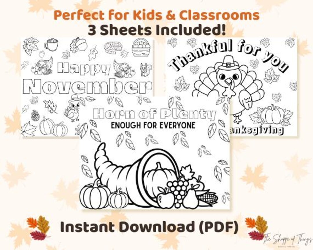 Autumn Coloring Pages – Kids Thanksgiving Activity Sheets (PDF Pattern ...