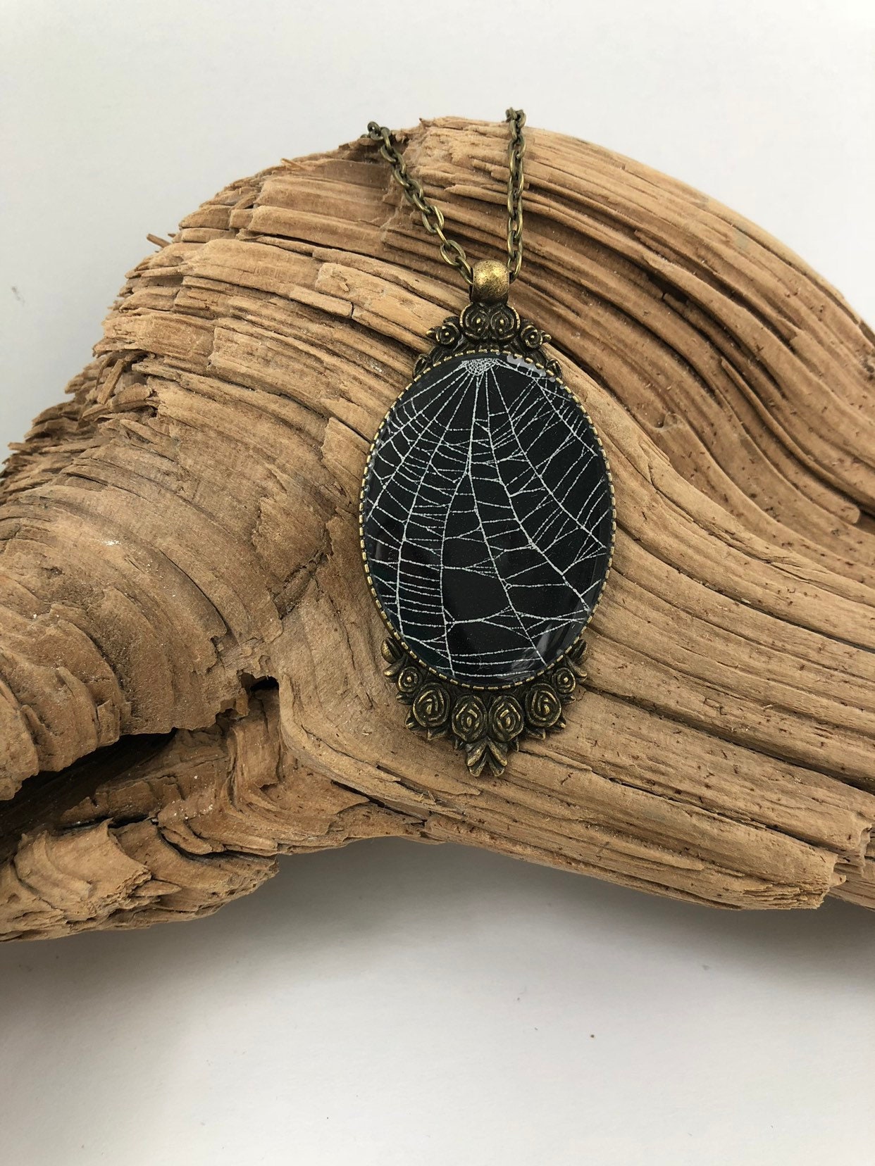 Spider Web Necklace, Spider Web Pendant, Silver Oval Pendant, Gothic ...