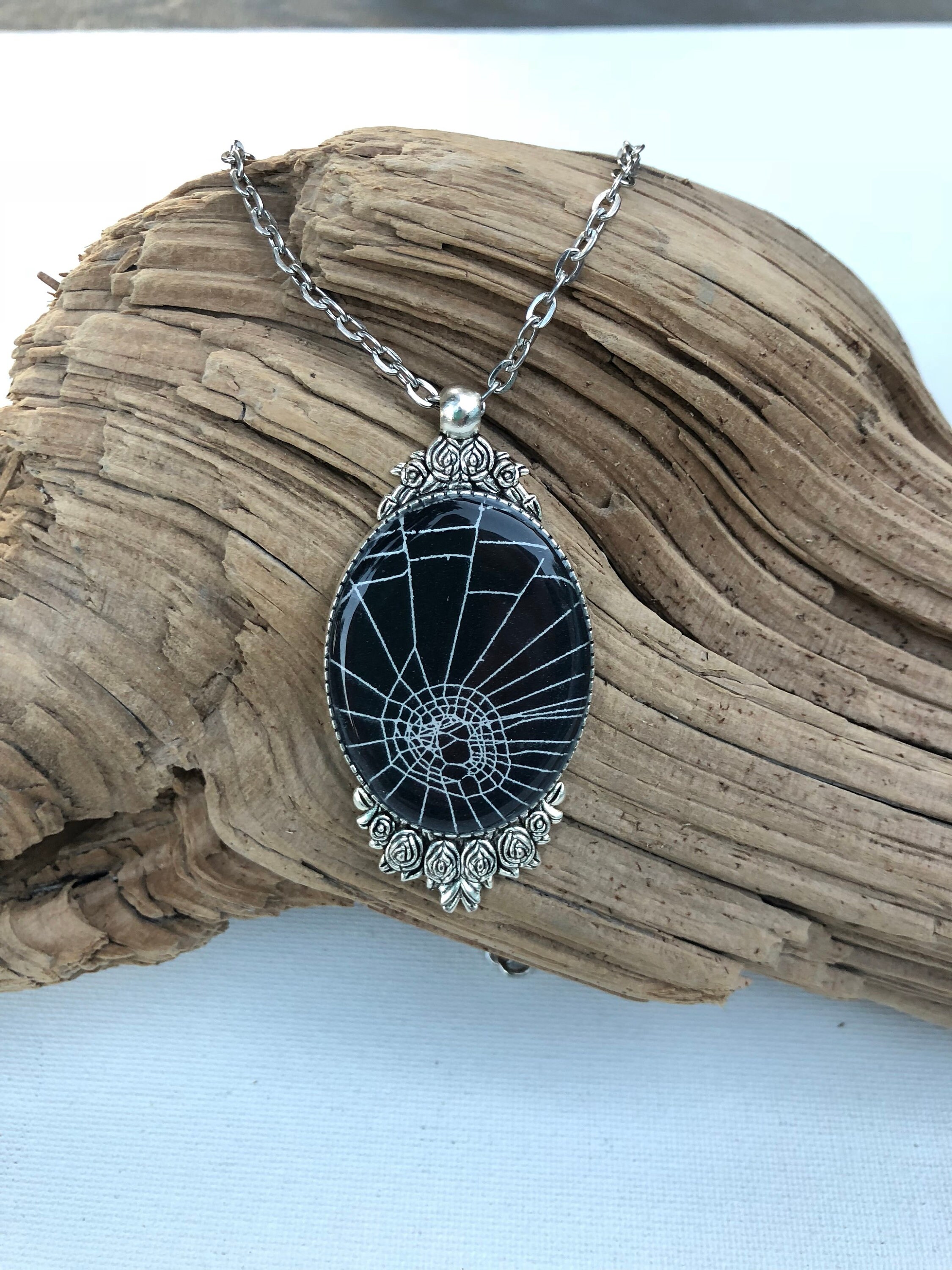 Spider Web Necklace, Spider Web Pendant, Silver Oval Pendant, Gothic ...