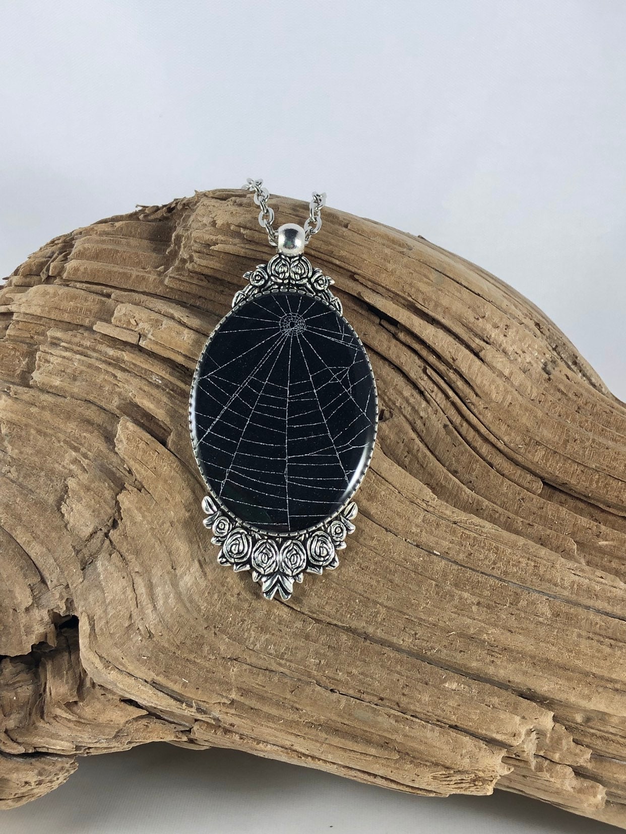 Spider Web Necklace, Spider Web Pendant, Silver Oval Pendant, Gothic ...