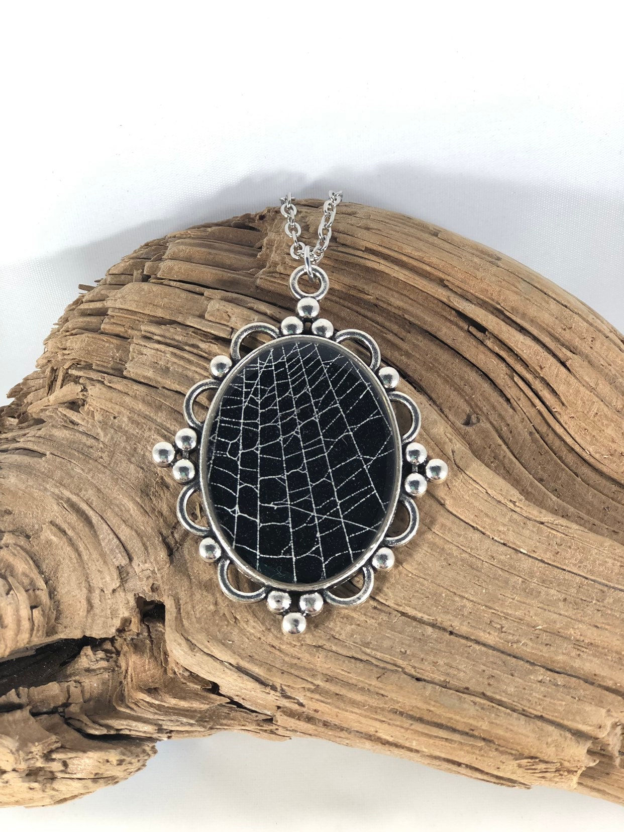 Spider Web Necklace, Spider Web Pendant, Black Oval Pendant, Gothic ...