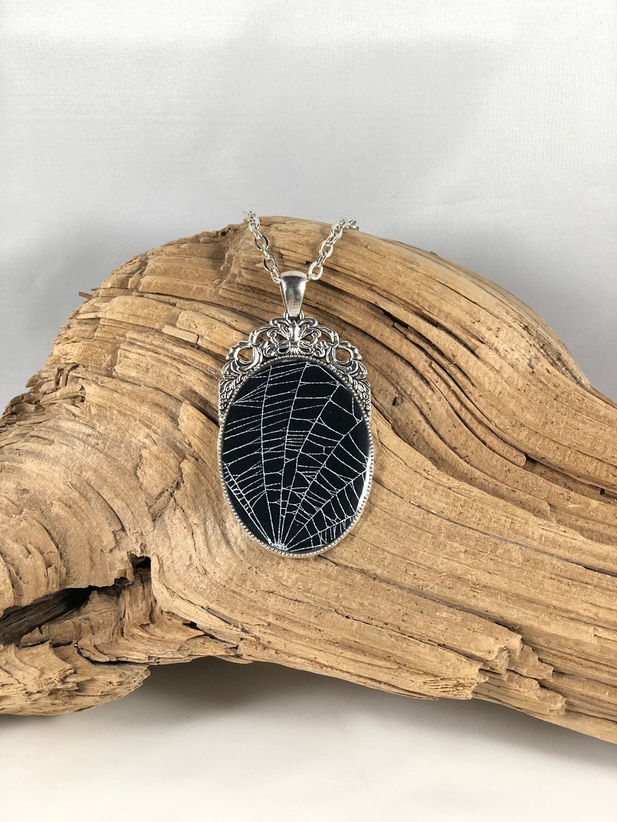 Spider Web Necklace, Spider Web Pendant, Silver Oval Pendant, Gothic ...