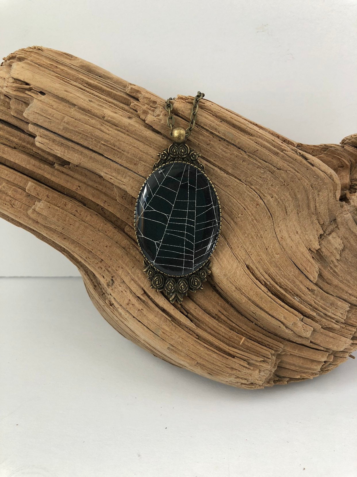 Spider Web Necklace, Spider Web Pendant, Silver Oval Pendant, Gothic ...