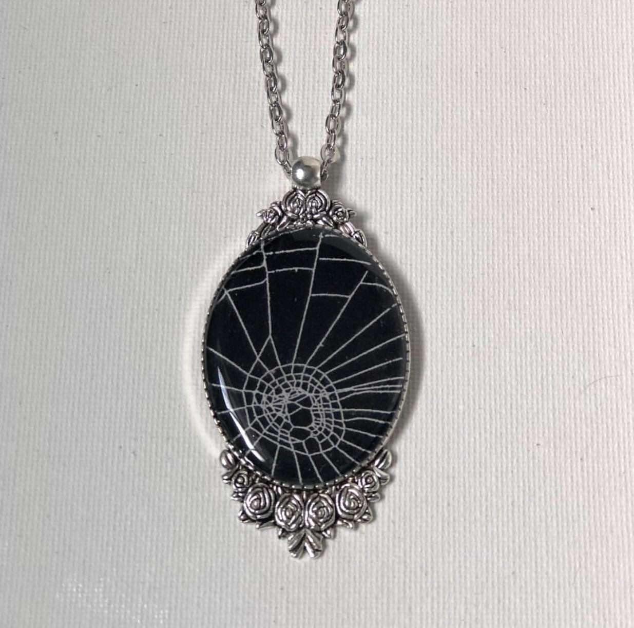 Spider Web Necklace, Spider Web Pendant, Silver Oval Pendant, Gothic ...
