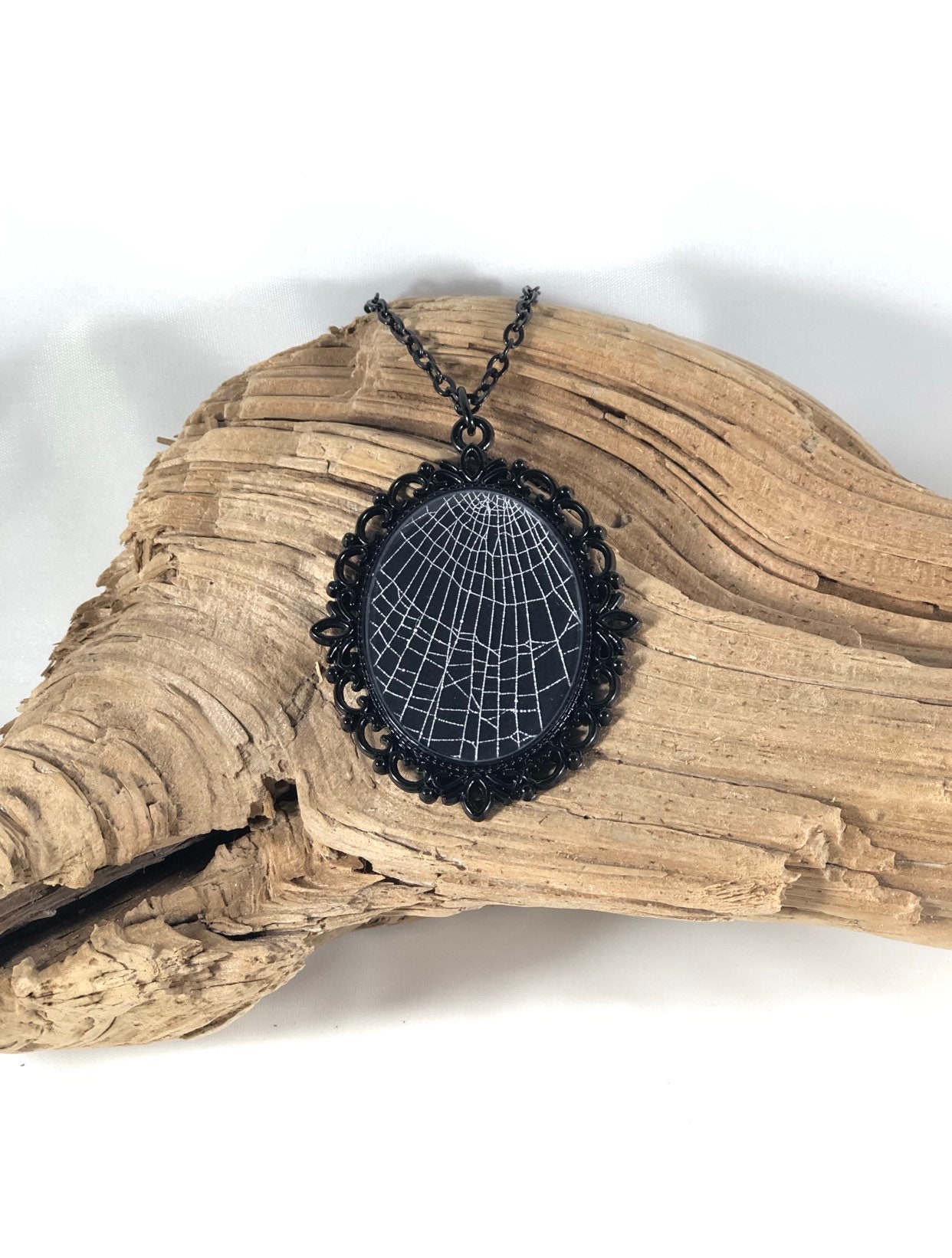 Spider Web Necklace, Spider Web Pendant, Black Oval Pendant, Gothic ...