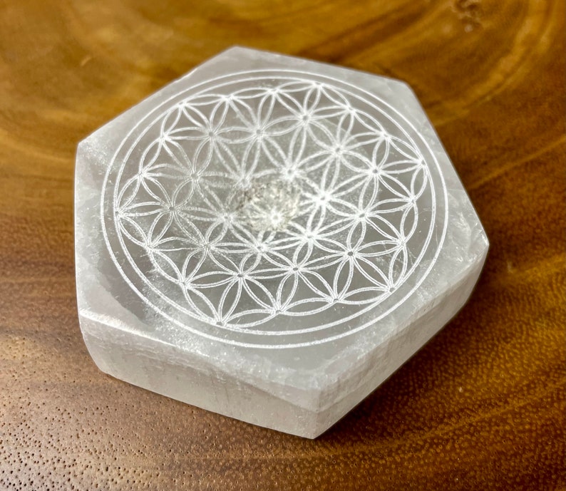 Pure Selenite Crystal Sphere Hexagonal Stand, Engraved With Metatron ...