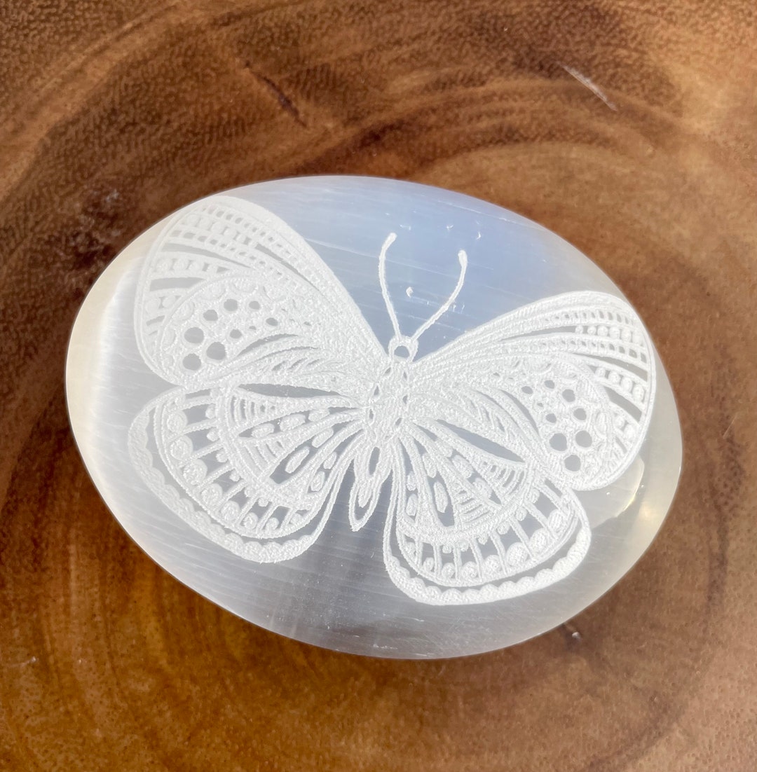 Pure Selenite Crystal Palm or Changing Plate Engraved With Butterfly ...