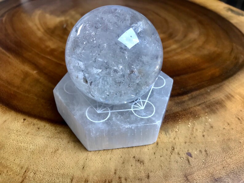 Pure Selenite Crystal Sphere Hexagonal Stand, Engraved With Metatron ...
