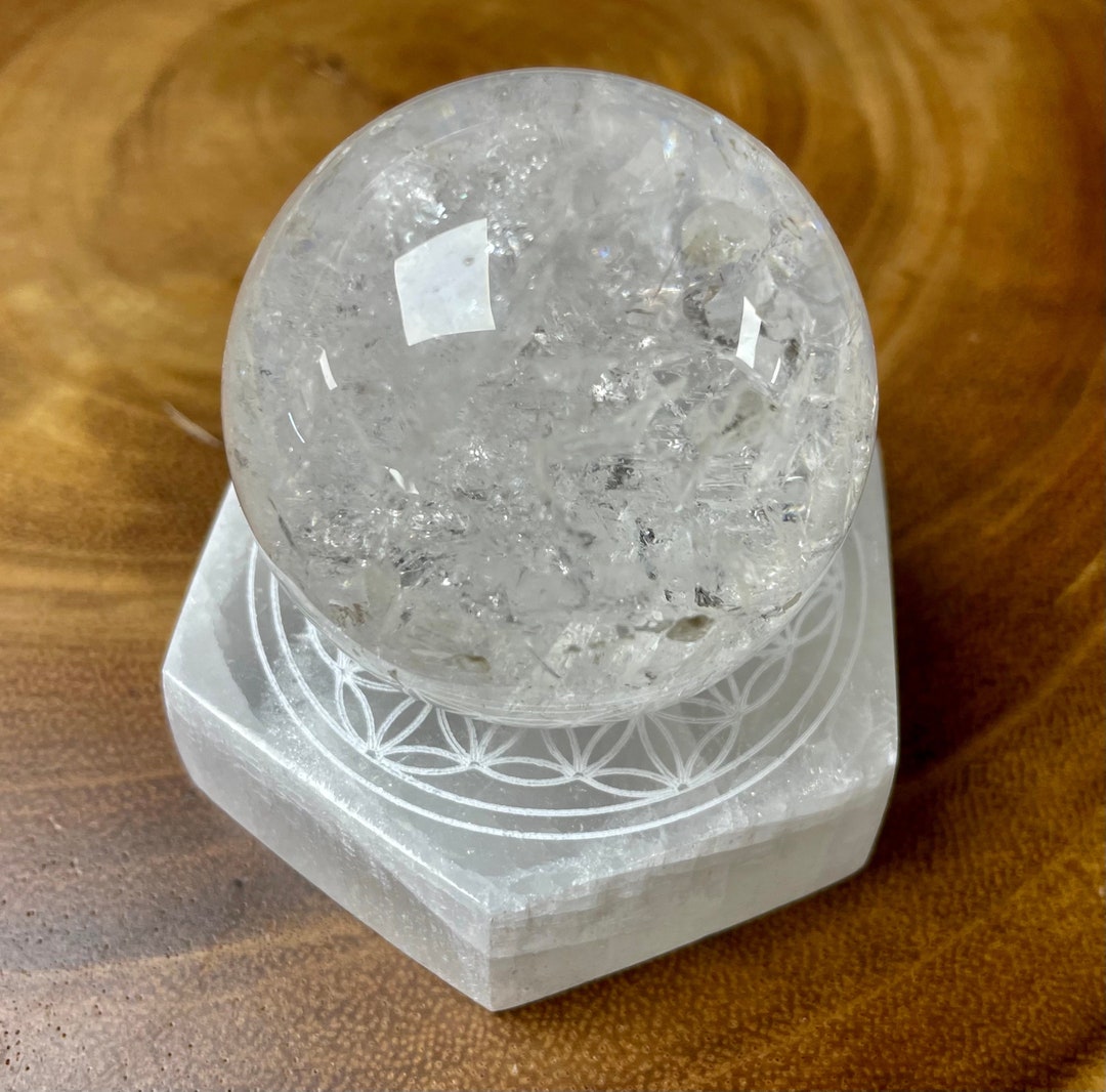 Pure Selenite Crystal Sphere Hexagonal Stand, Engraved With Metatron ...