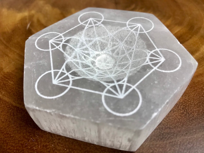Pure Selenite Crystal Sphere Hexagonal Stand, Engraved With Metatron ...