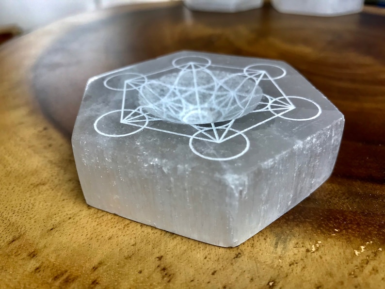 Pure Selenite Crystal Sphere Hexagonal Stand, Engraved With Metatron ...